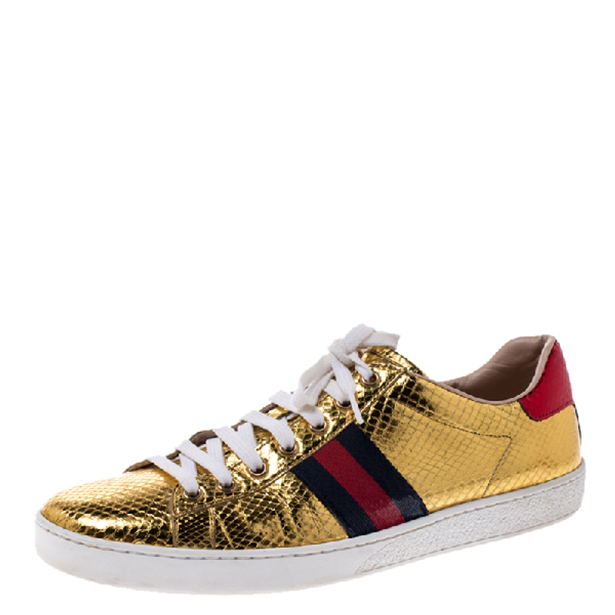 Gucci Metallic Python Embossed Gold Ace Lace Up Sneakers Size 40.5 ...