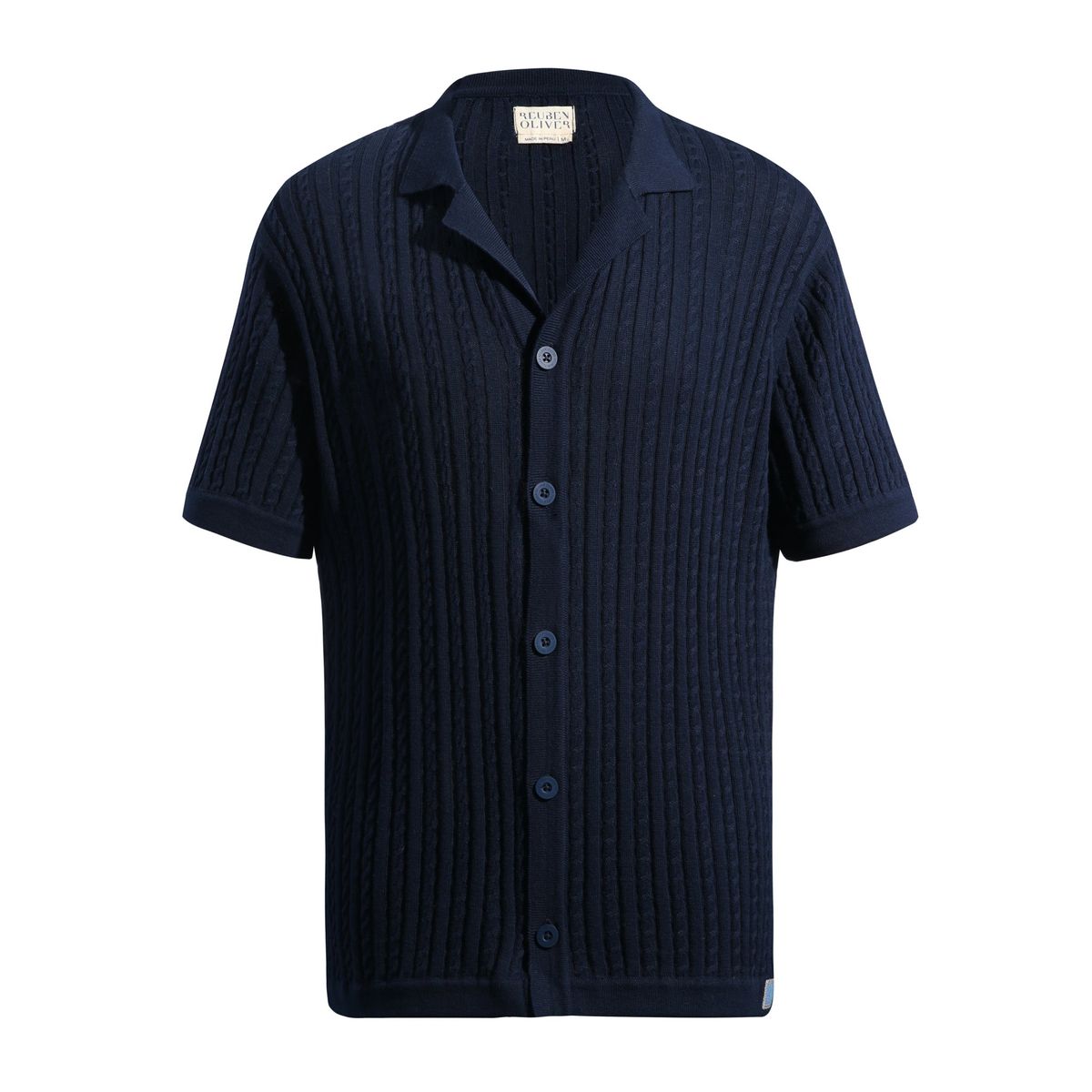 Reuben Oliver Pima Cable-Knit Button Down Navy Shirt | WHAT’S ON THE STAR?