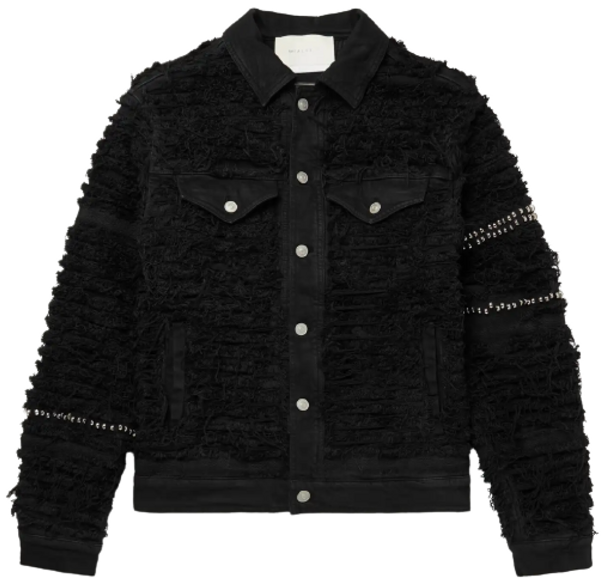Alyx Blackmeans Embellished Distressed Black Denim Jacket | WHAT’S ON ...