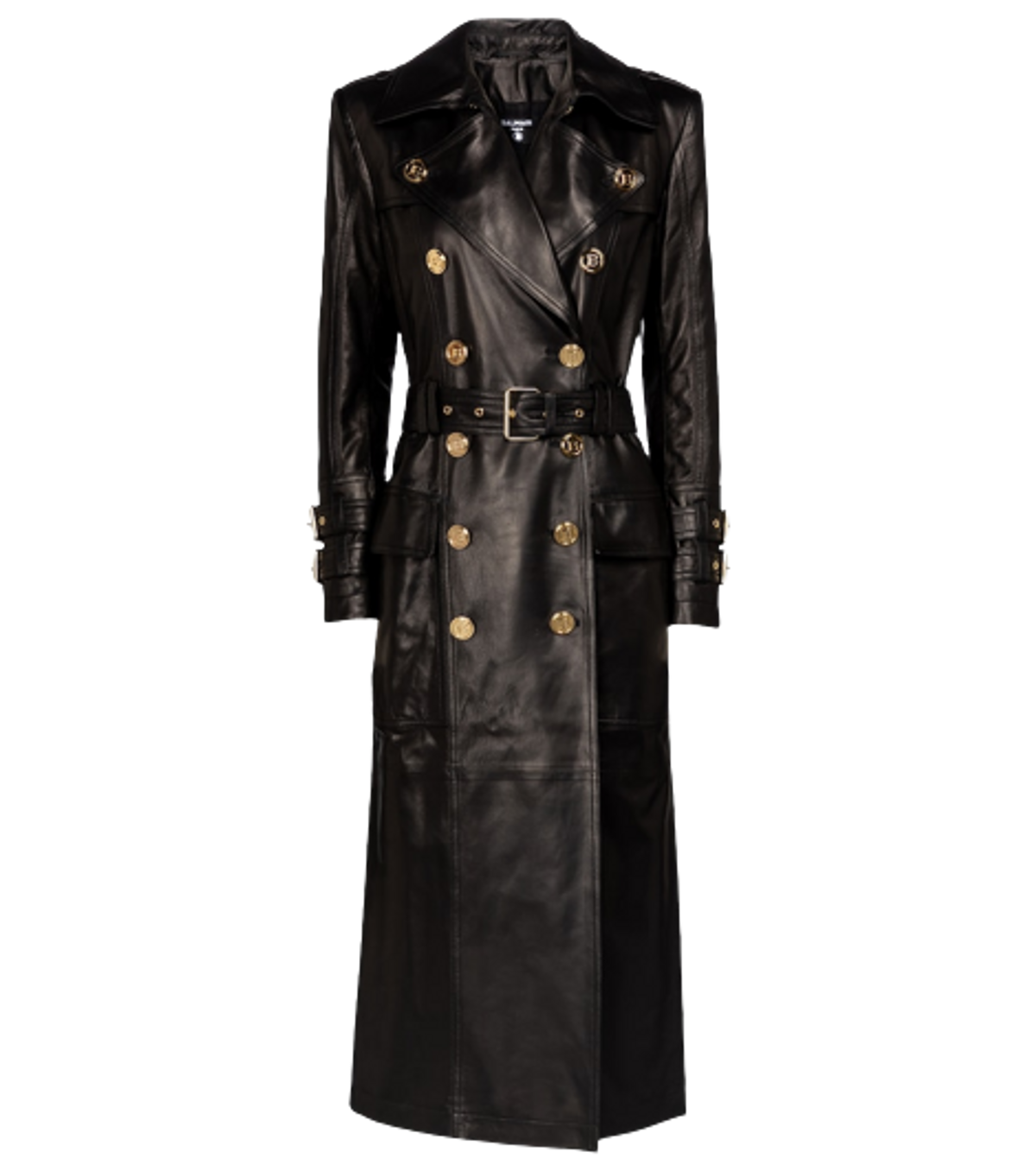 Balmain Black Double-breasted Leather Belted Coat | WHAT’S ON THE STAR?