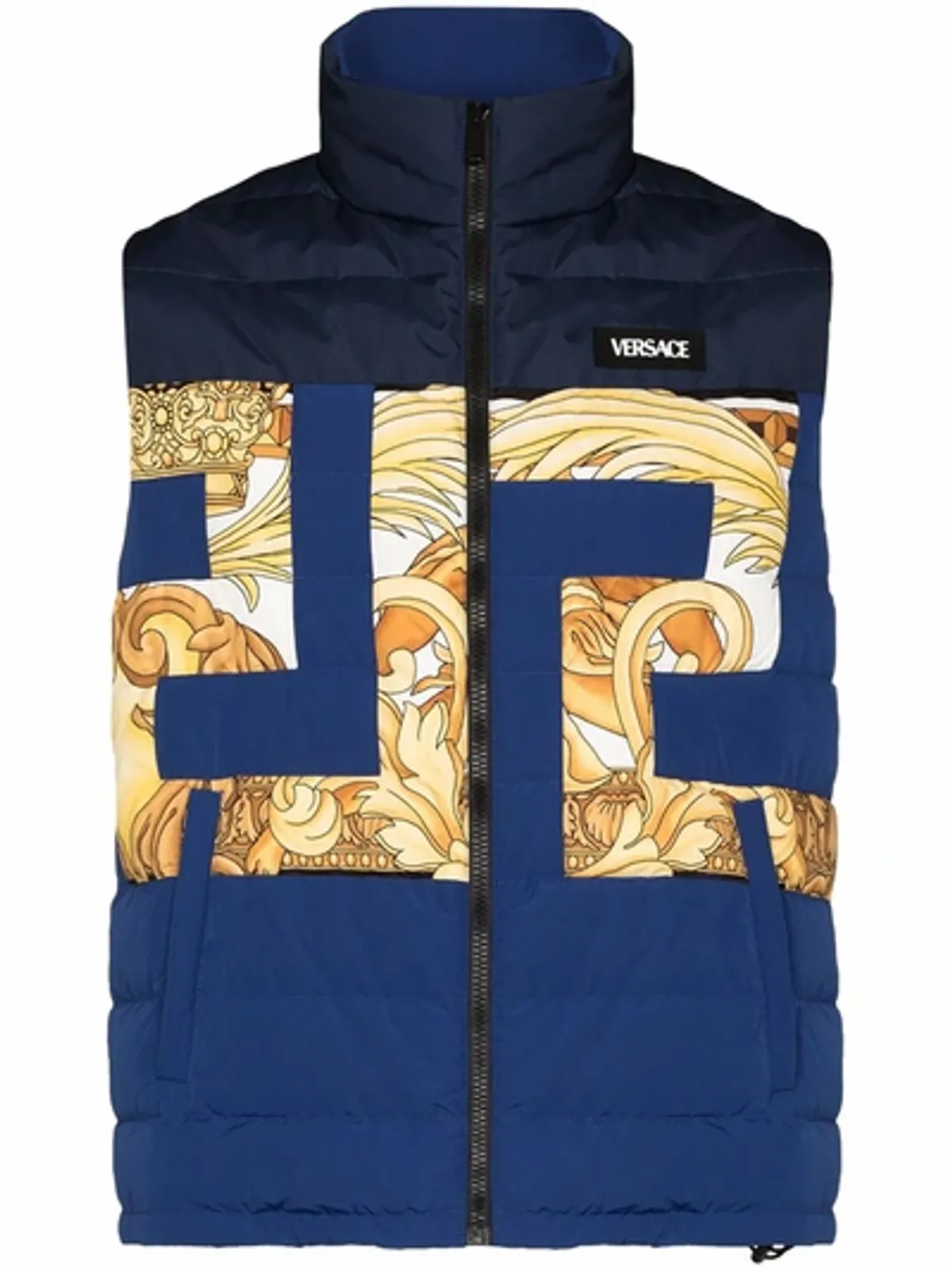 Versace Greca Print Down Puffer Vest In Blue | WHAT’S ON THE STAR?