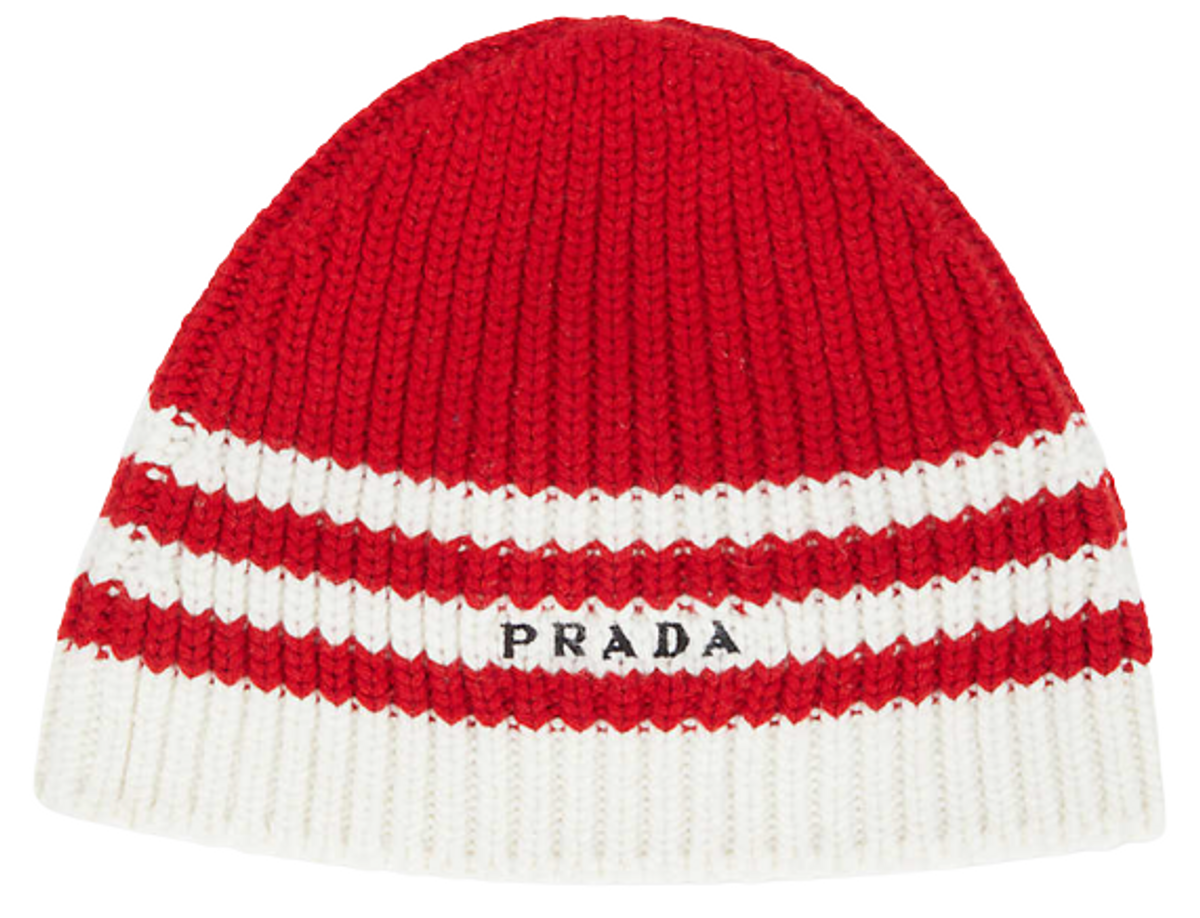 Prada Logo-Embroidered Cashmere Red/White Beanie Hat | WHAT’S ON THE STAR?
