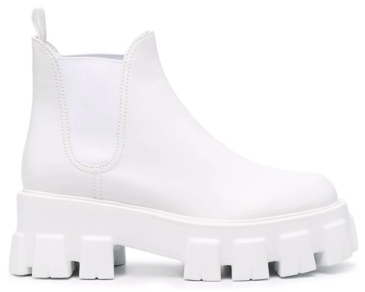 Prada White Glossed-Leather Platform Chelsea Boots | WHAT’S ON THE STAR?