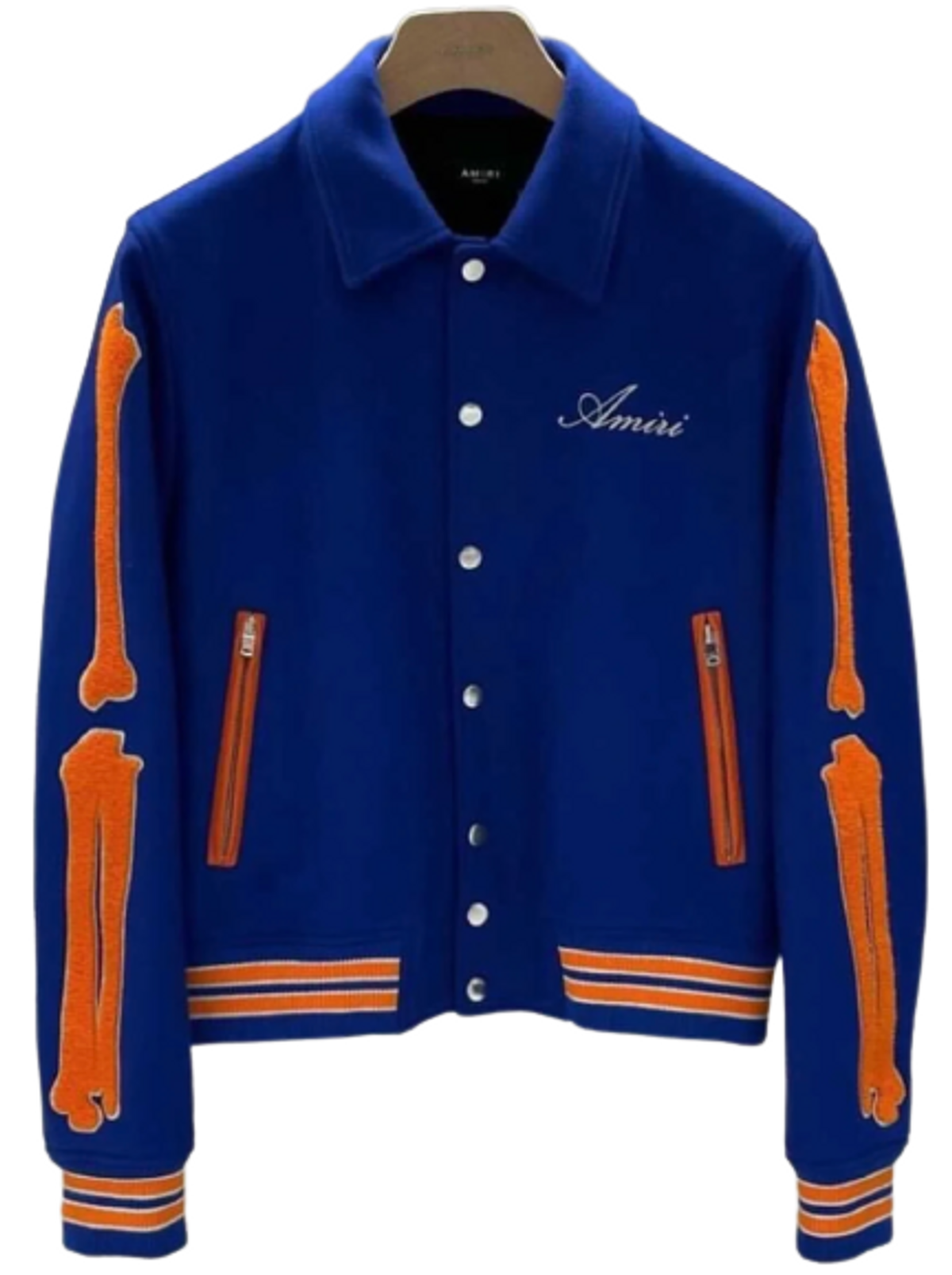 Amiri New York Blue Orange Bones Varsity Jacket | WHAT’S ON THE STAR?