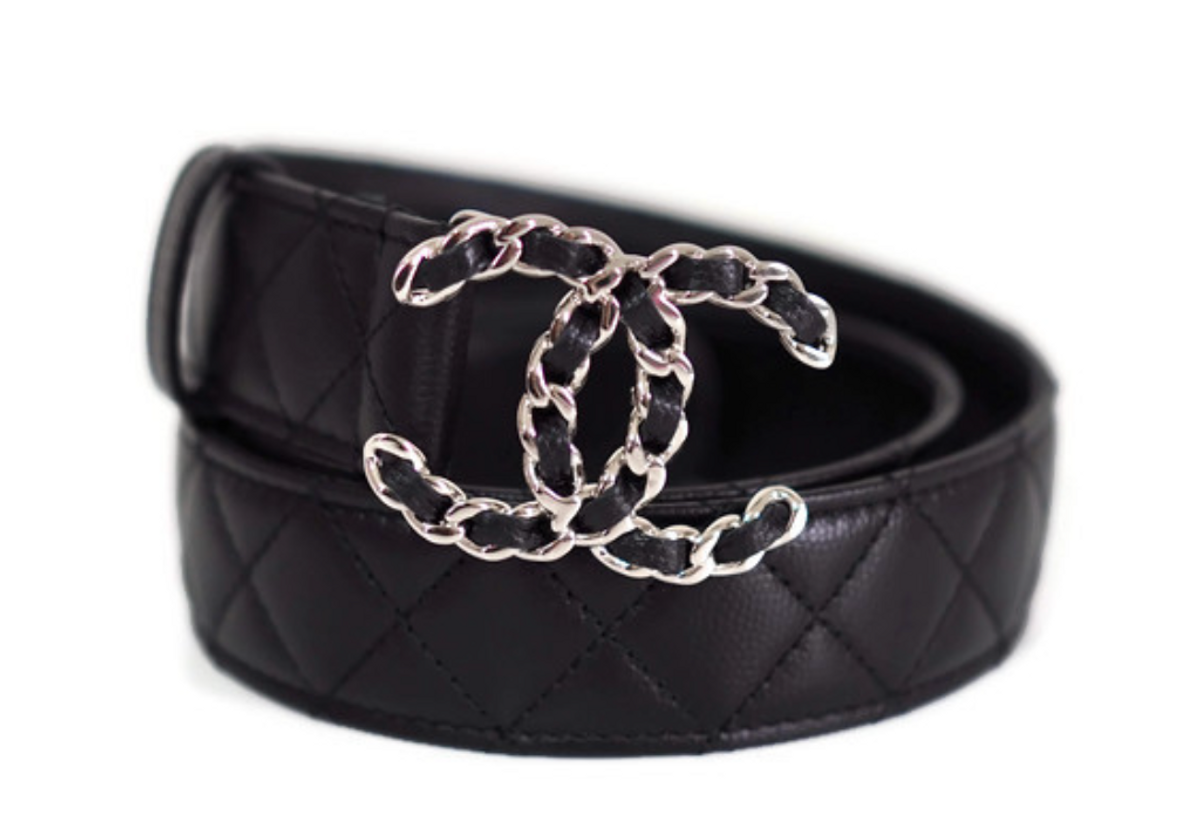 Chanel Black Leather Silver Logo Buckle Belt | WHAT’S ON THE STAR?