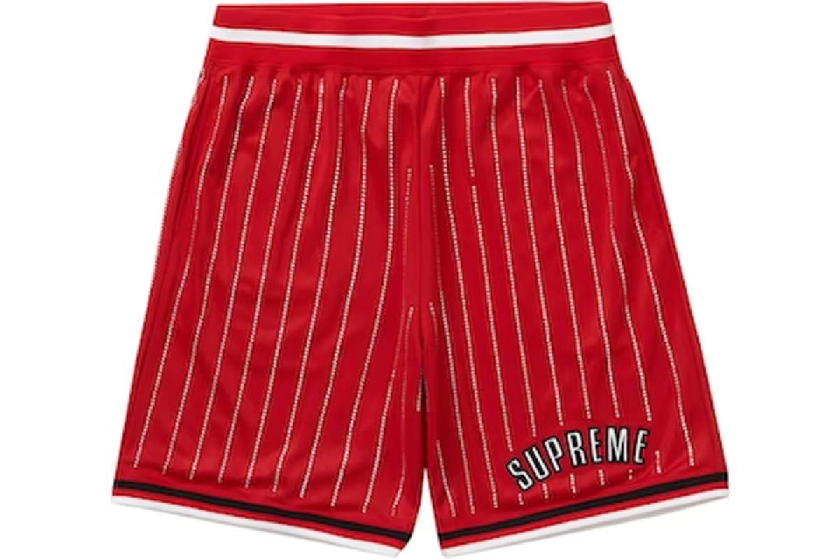 Supreme Red Rhinestone Stripe Basketball Shorts | WHAT’S ON THE STAR?