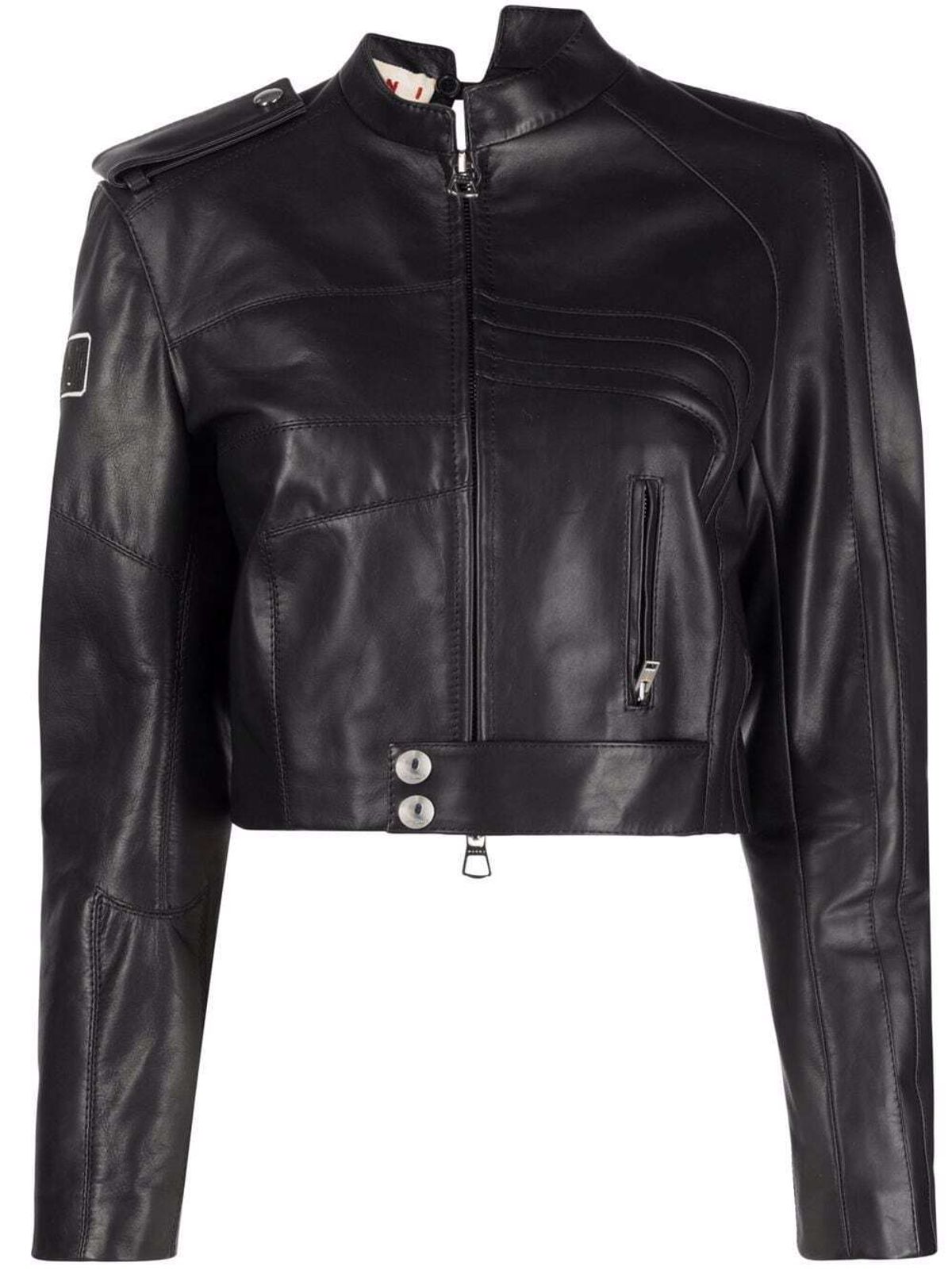Marni Logo-Patch Polished-Finish Black Jacket | WHAT’S ON THE STAR?