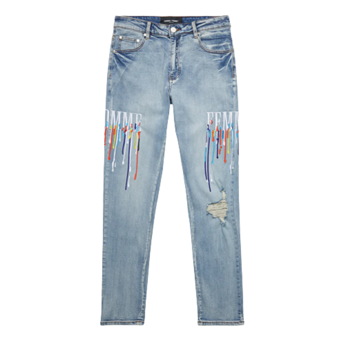Homme + Femme Blue Letterman Drip Denim Jeans | WHAT’S ON THE STAR?