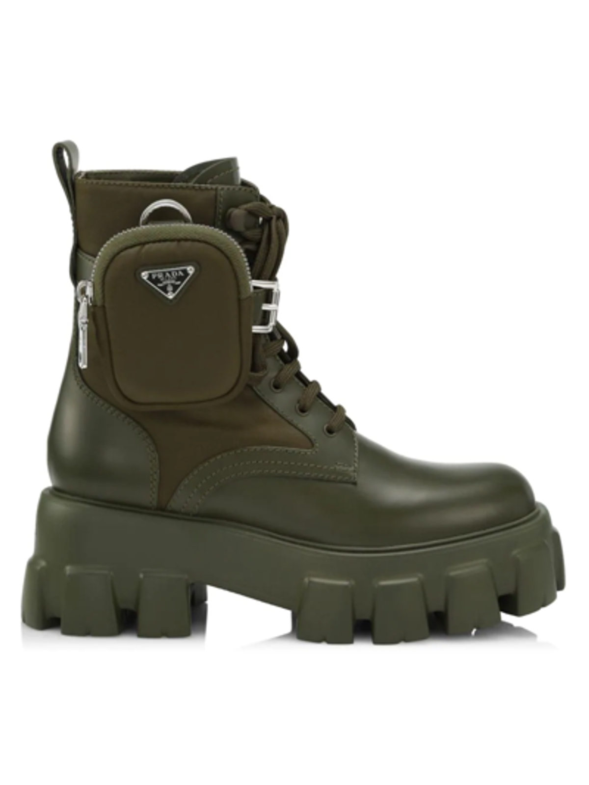 Prada Monolith Leather & Nylon Lug-sole Combat Boots In Militare | WHAT ...