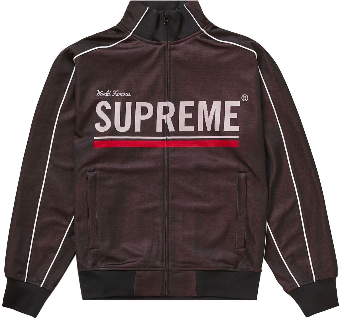 Supreme World Famous Jacquard Black Track Jacket | WHAT’S ON THE STAR?