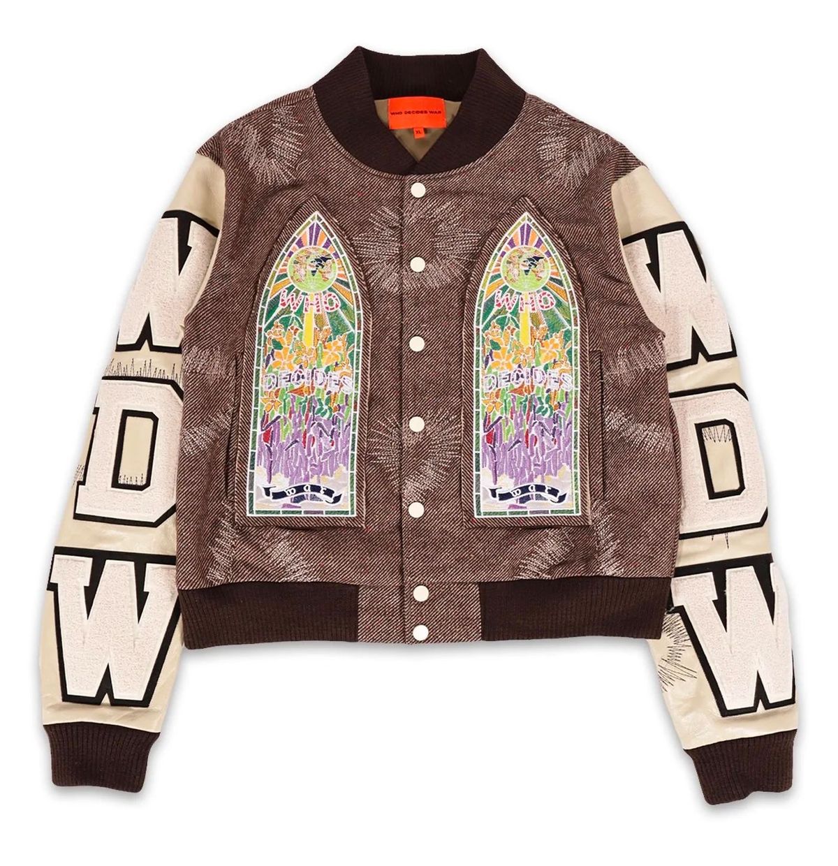 Who Decides War × Namesake Brown Varsity Bomber Jackets | WHAT’S ON THE ...