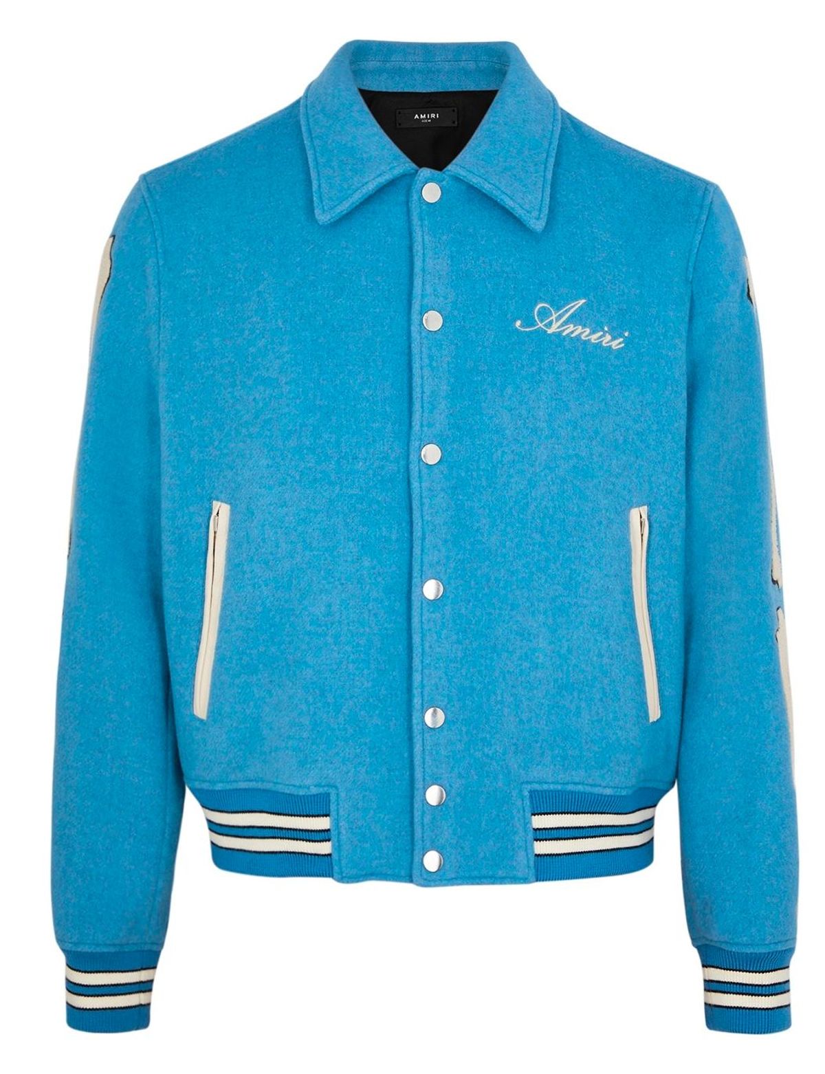 Amiri Bones Wool-Blend Blue Varsity Jacket | WHAT’S ON THE STAR?