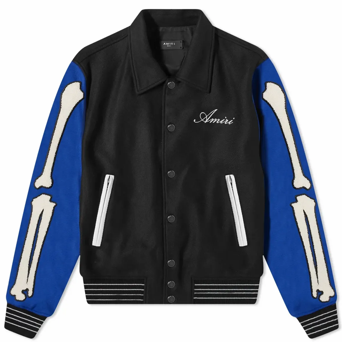 Amiri Bones Black & Blue Varsity Jacket | WHAT’S ON THE STAR?