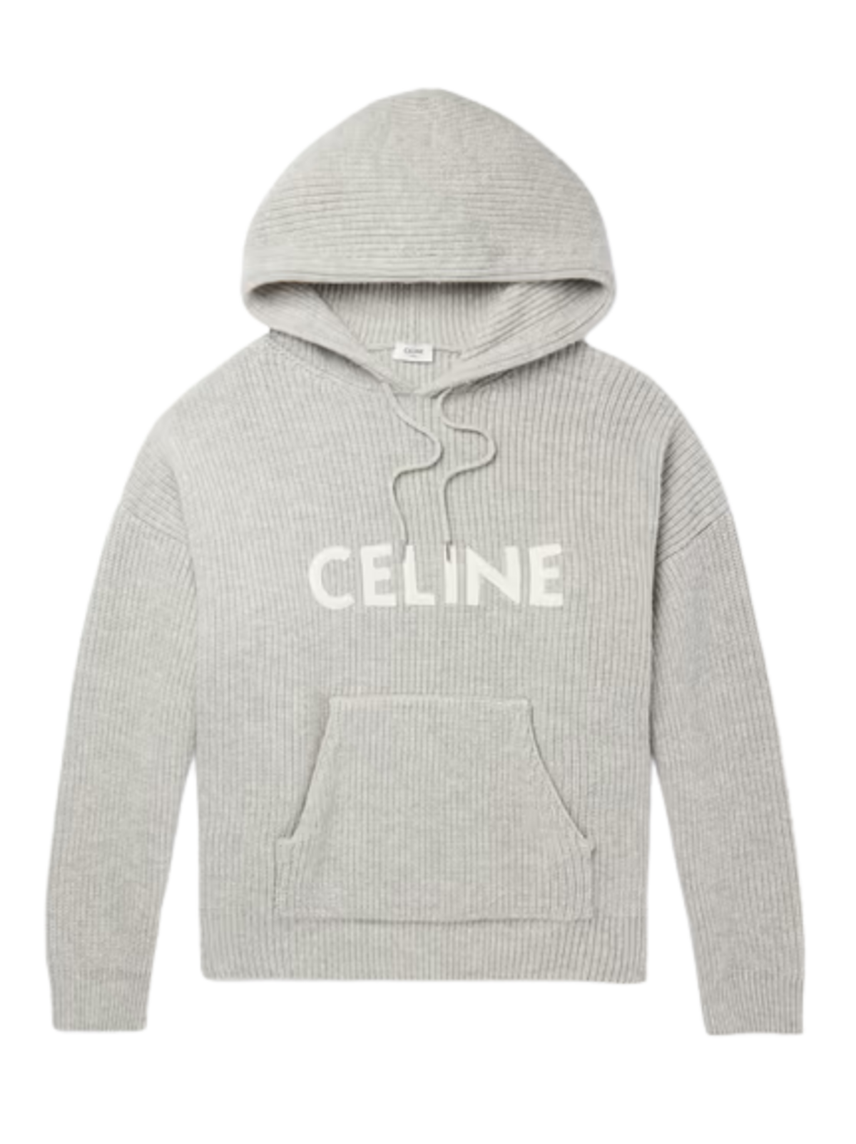Celine Grey Logo-Appliquéd Ribbed Wool Hoodie | WHAT’S ON THE STAR?