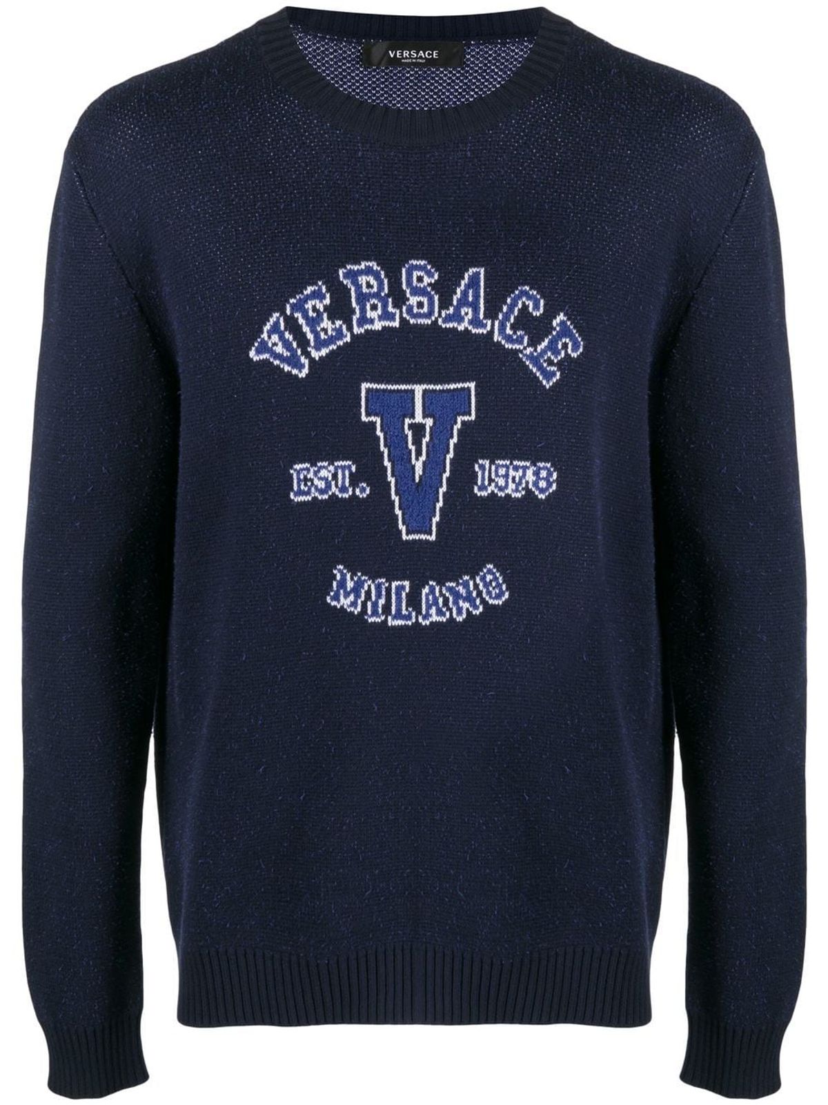 Versace Intarsia Knit Blue Logo Jumper | WHAT’S ON THE STAR?