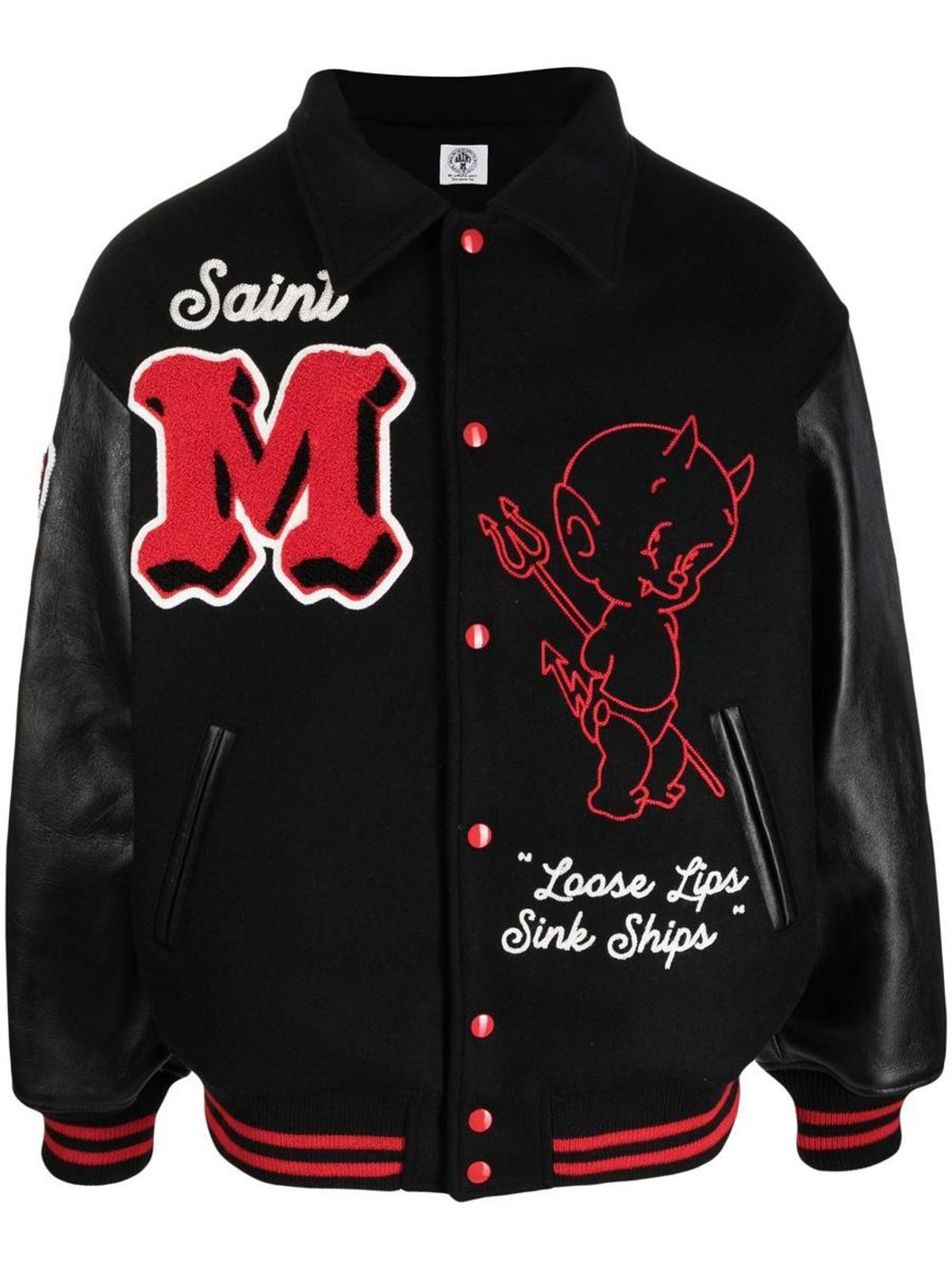 Saint Michael Slogan Print Black Varsity Jacket | WHAT’S ON THE STAR?