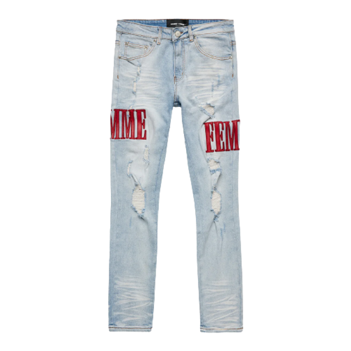 Homme + Femme Letterman Red Letters Denim Blue Jeans | WHAT’S ON THE STAR?