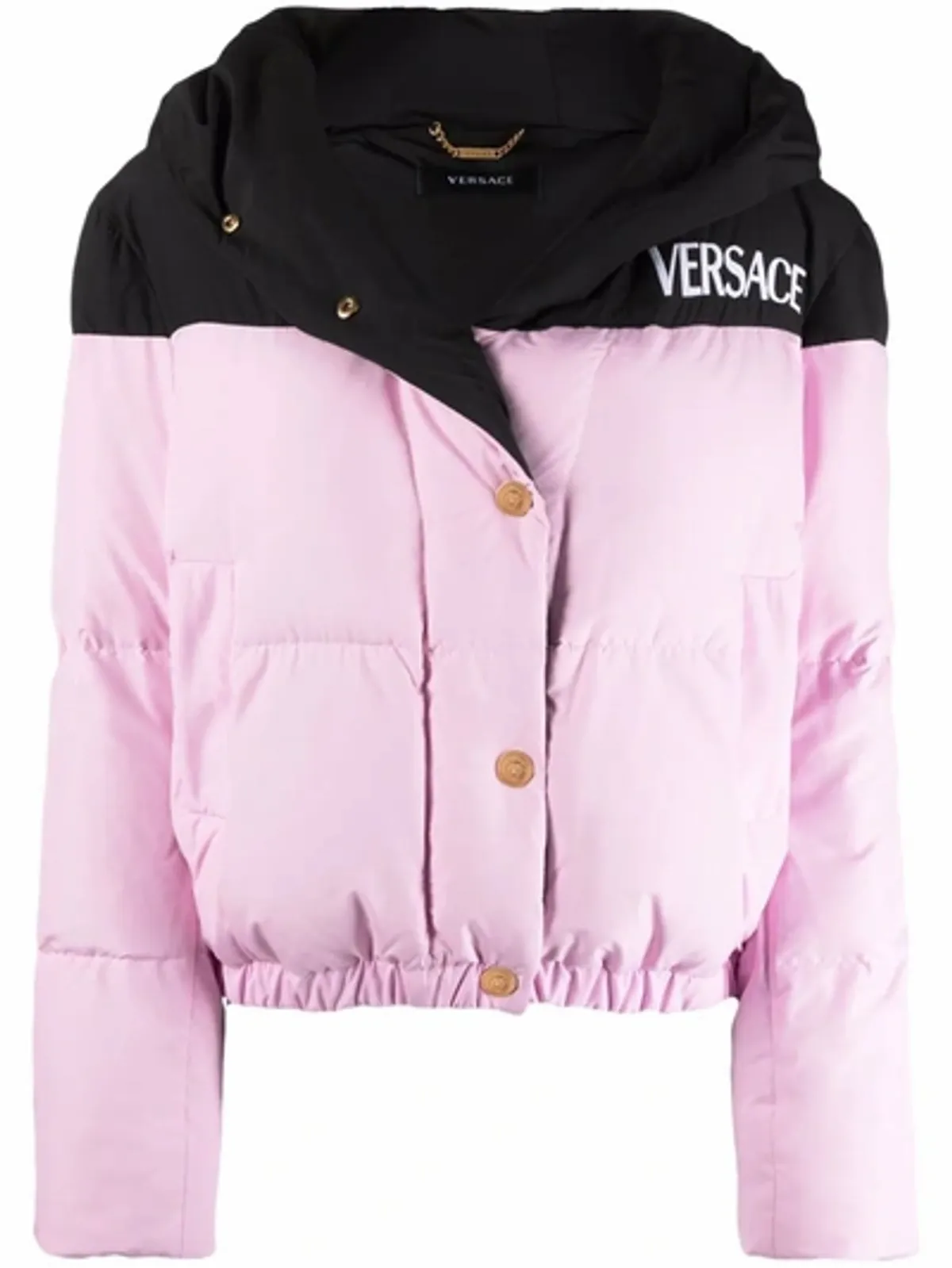 Versace Pink And Black Down Logo Puffer Jacket | WHAT’S ON THE STAR?