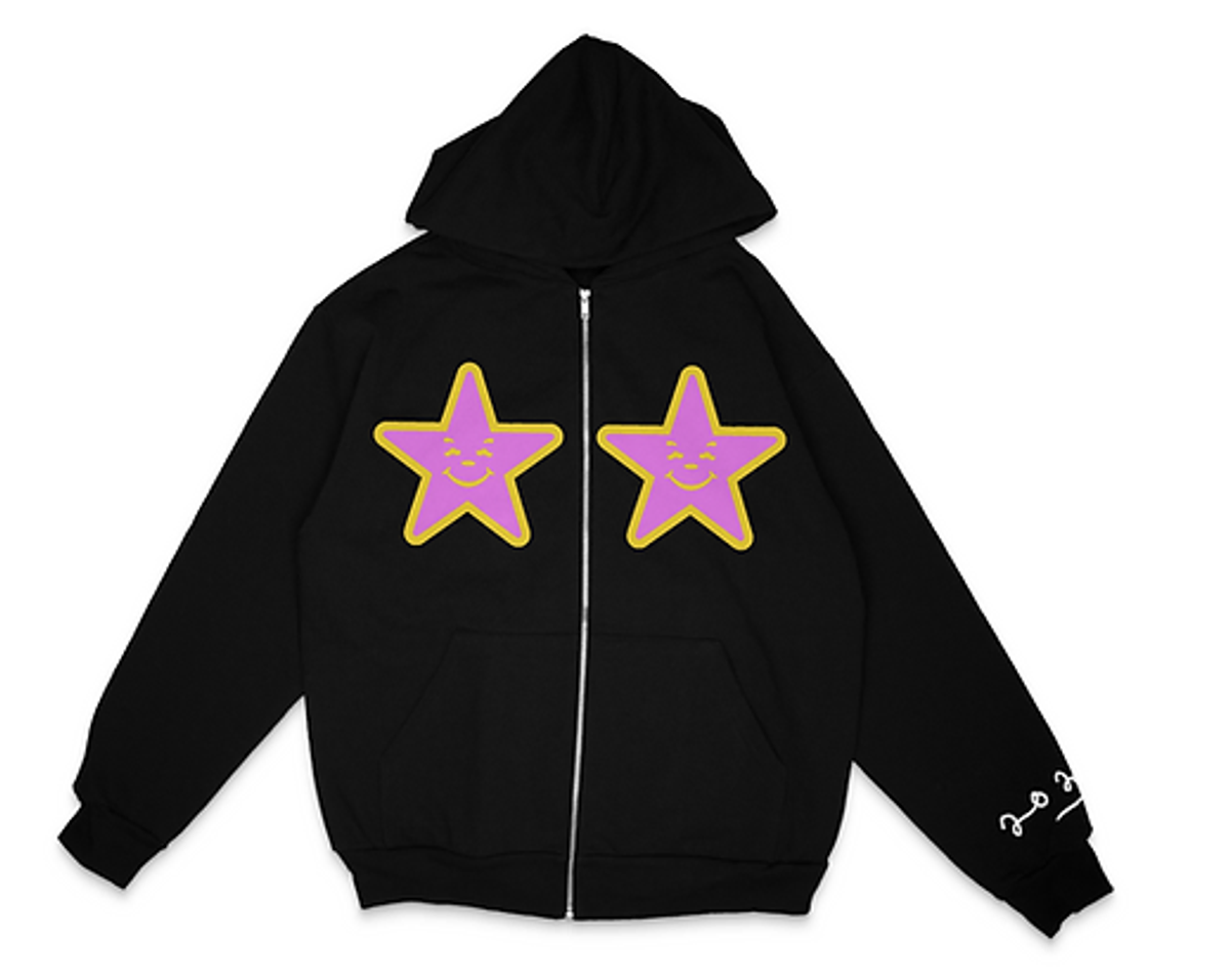 Asspizza Black Puff Print Pink And Yellow Star Zip Up Hoodie | WHAT’S ...