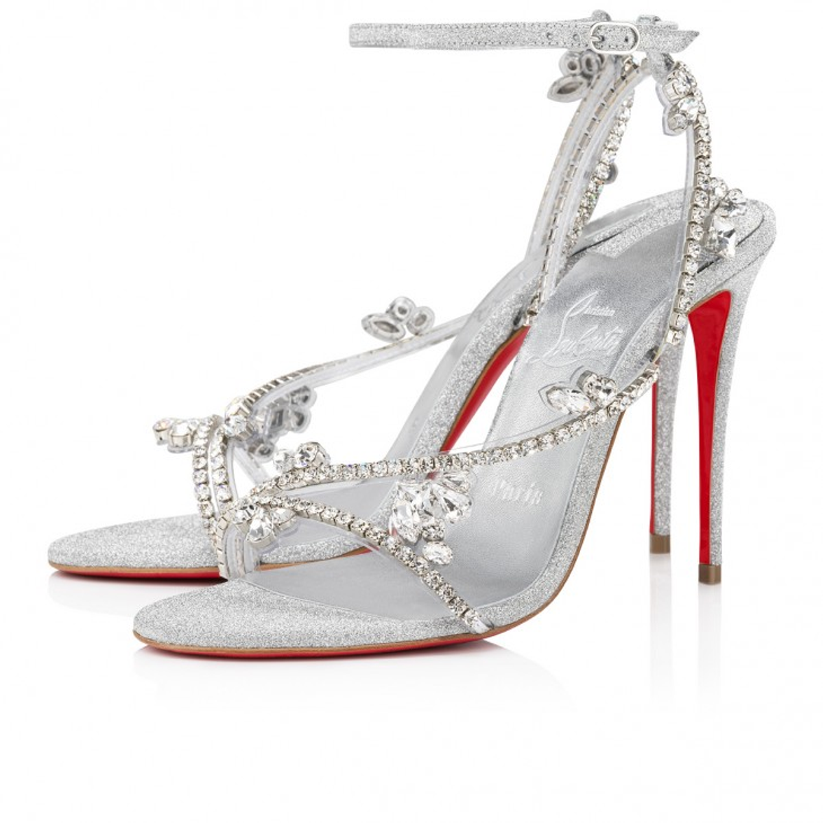 Christian Louboutin Silver Glittered Calf Leather Joli Queen Sandals ...
