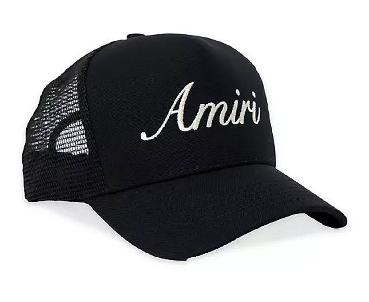 Amiri Script Logo Black Trucker Hat | WHAT’S ON THE STAR?