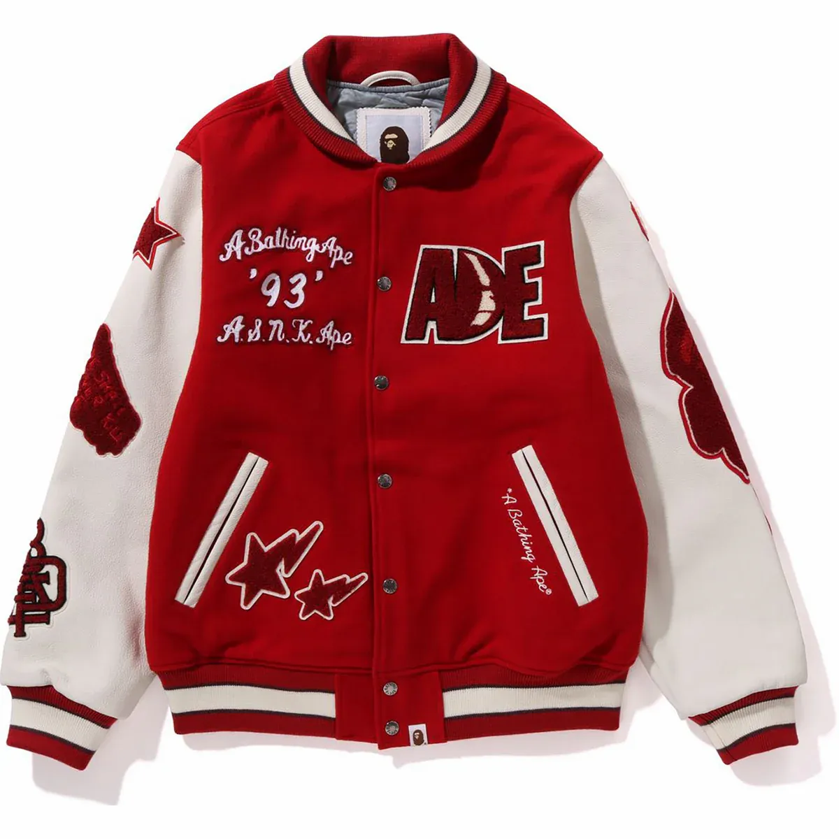 Bape Motif Red Varsity Jacket | WHAT’S ON THE STAR?