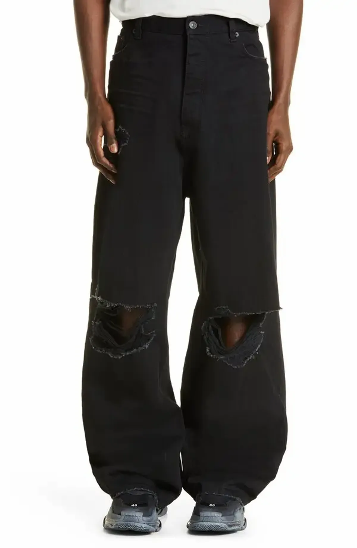 Balenciaga Destroyed Ripped Straight Leg Jeans In Rubber Black | WHAT’S ...