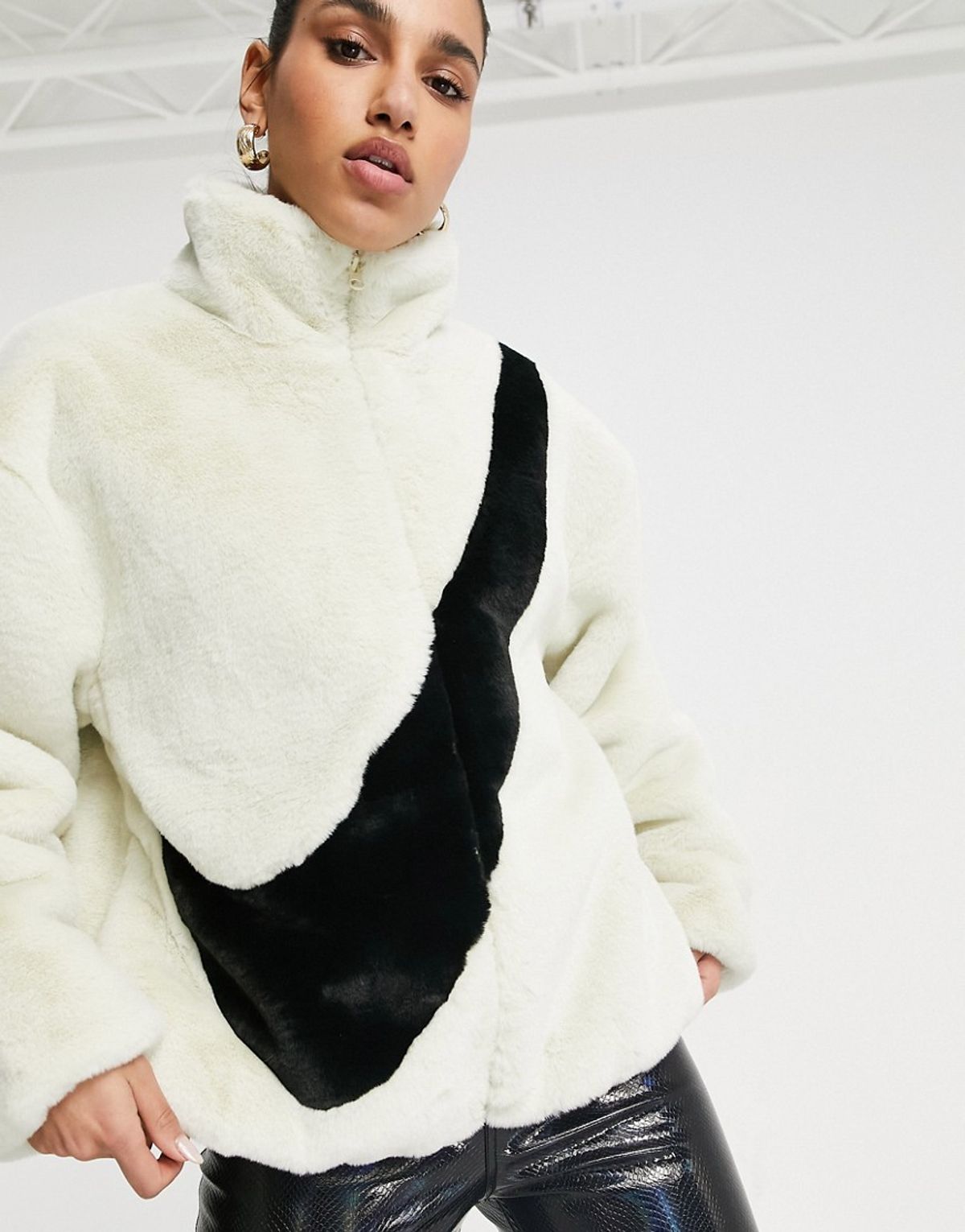Nike Faux Fur Oversized Swoosh Jacket In Green-cream | WHAT’S ON THE STAR?