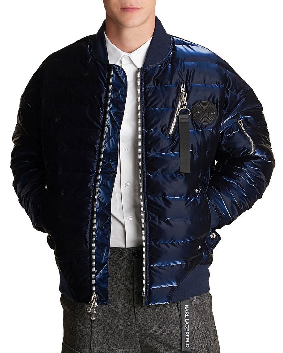 Karl Lagerfeld Liquid Quilted Bomber Jacket In Navy | WHAT’S ON THE STAR?